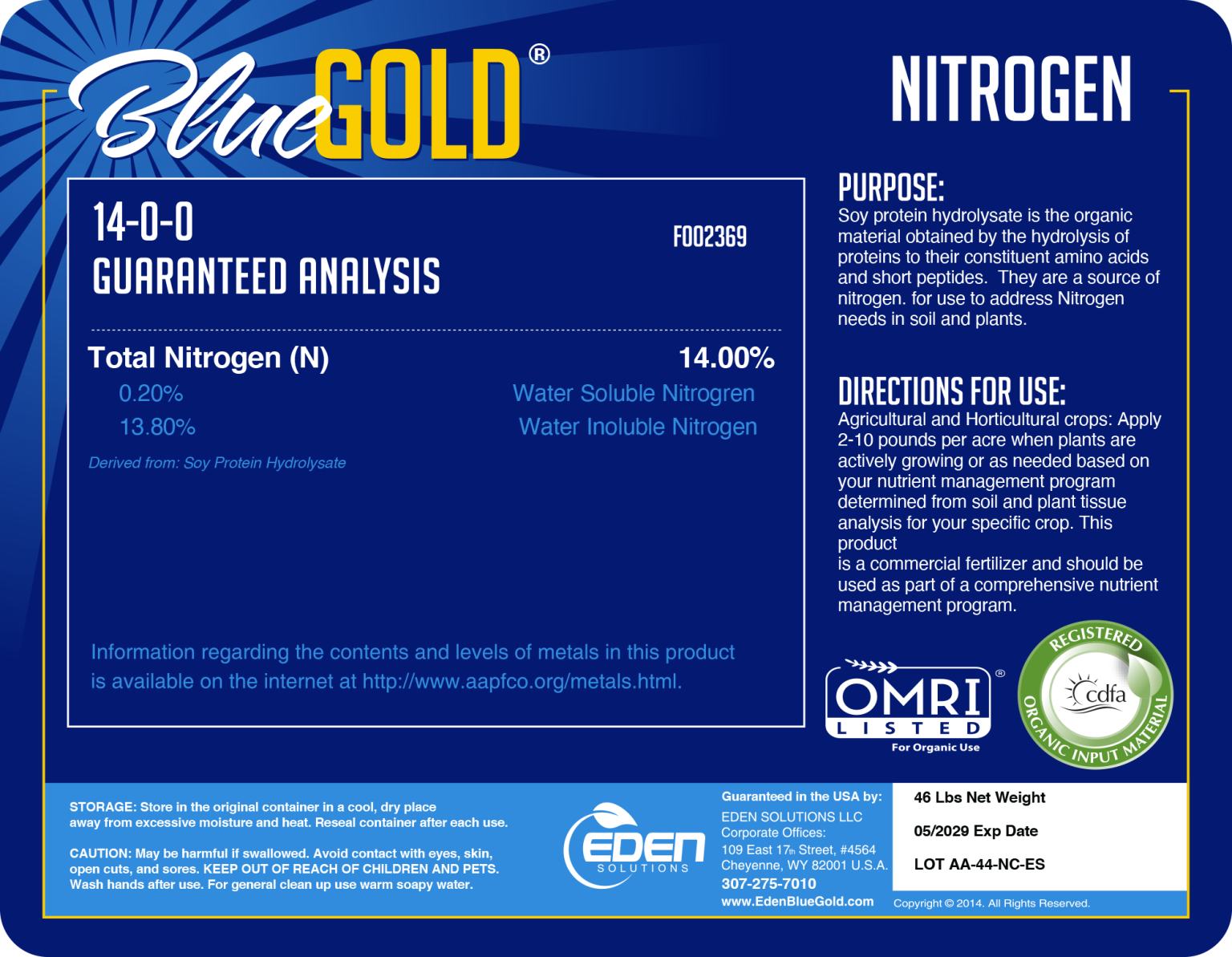 BlueGold® Nitrogen 14-0-0 (OMRI Listed) – BlueGold® by Eden Solutions